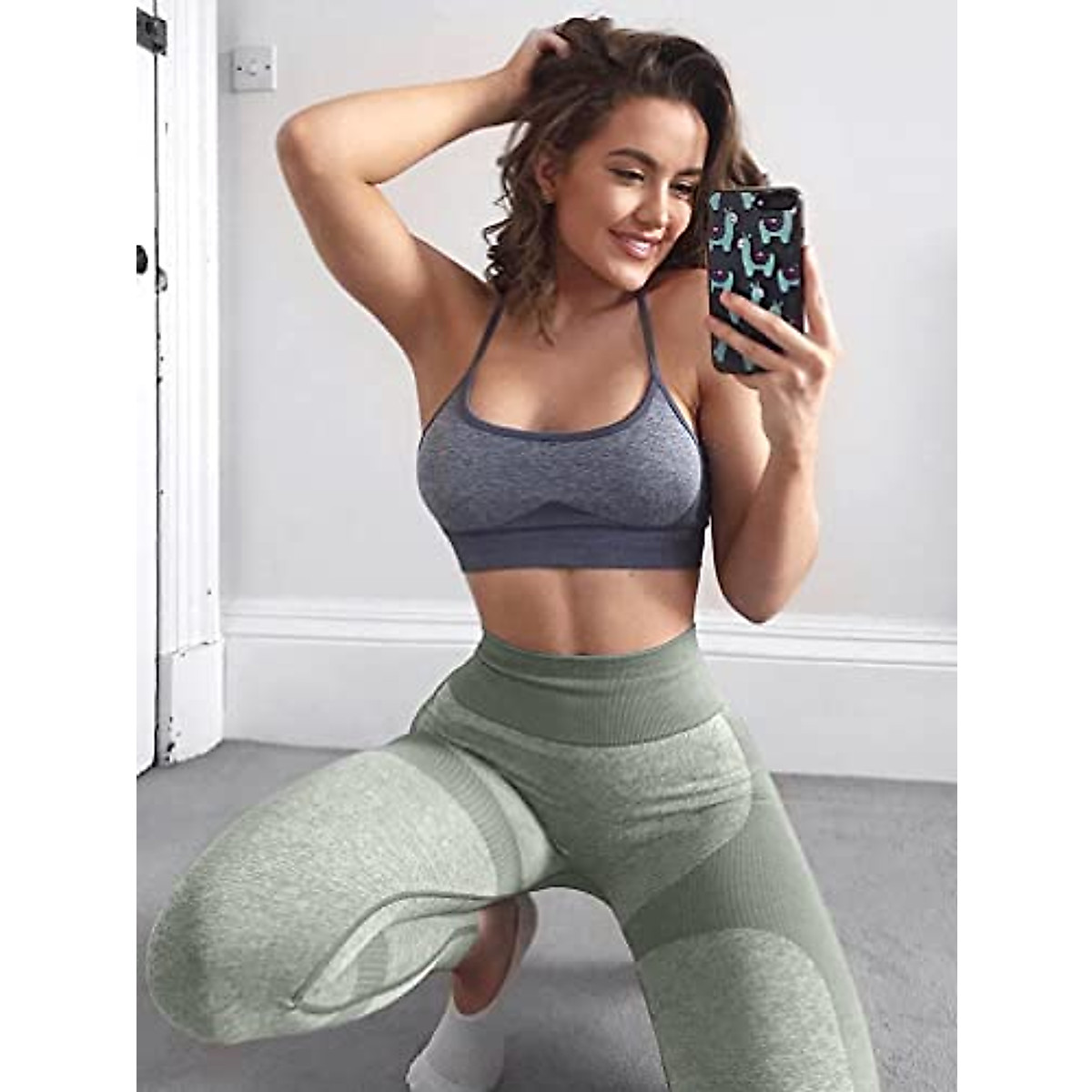GXIN 3 Pieces for Women Seamless Yoga Athletic Pants Workout High Waist Running Tummy Control Sports Leggings DarkGreen Grey Black