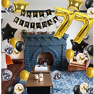 77th Birthday Decorations Black Gold for Men Women, Happy Birthday Banners Number 77 Birthday Balloons Star Foil Confetti Balloons for Him Her Mum Dads 77 Years Old Birthday(77th)