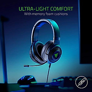Razer Kraken X USB Ultralight Gaming Headset: 7.1 Surround Sound - Lightweight Frame - Green Logo Lighting - Integrated Audio Controls - Bendable Cardioid Microphone - for PC - Classic Black