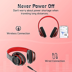 Bluetooth Headphones Over Ear, 6S Foldable Wireless Headphones with 6 EQ Modes, 40 Hours Playtime HiFi Stereo Headset with Mic, Soft Ear Pads, TF/FM for Cellphone/PC/Home (Black & Red)