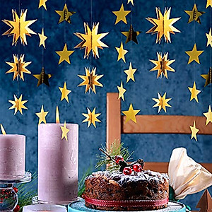 Bememo Christmas Star Garland 3D Hanging Paper Mixed Sizes Sparkly Star Banner for Christmas Tree Kid Room Wedding Birthday Party Decorations, 6 Pieces 65.6 Feet (Gold)