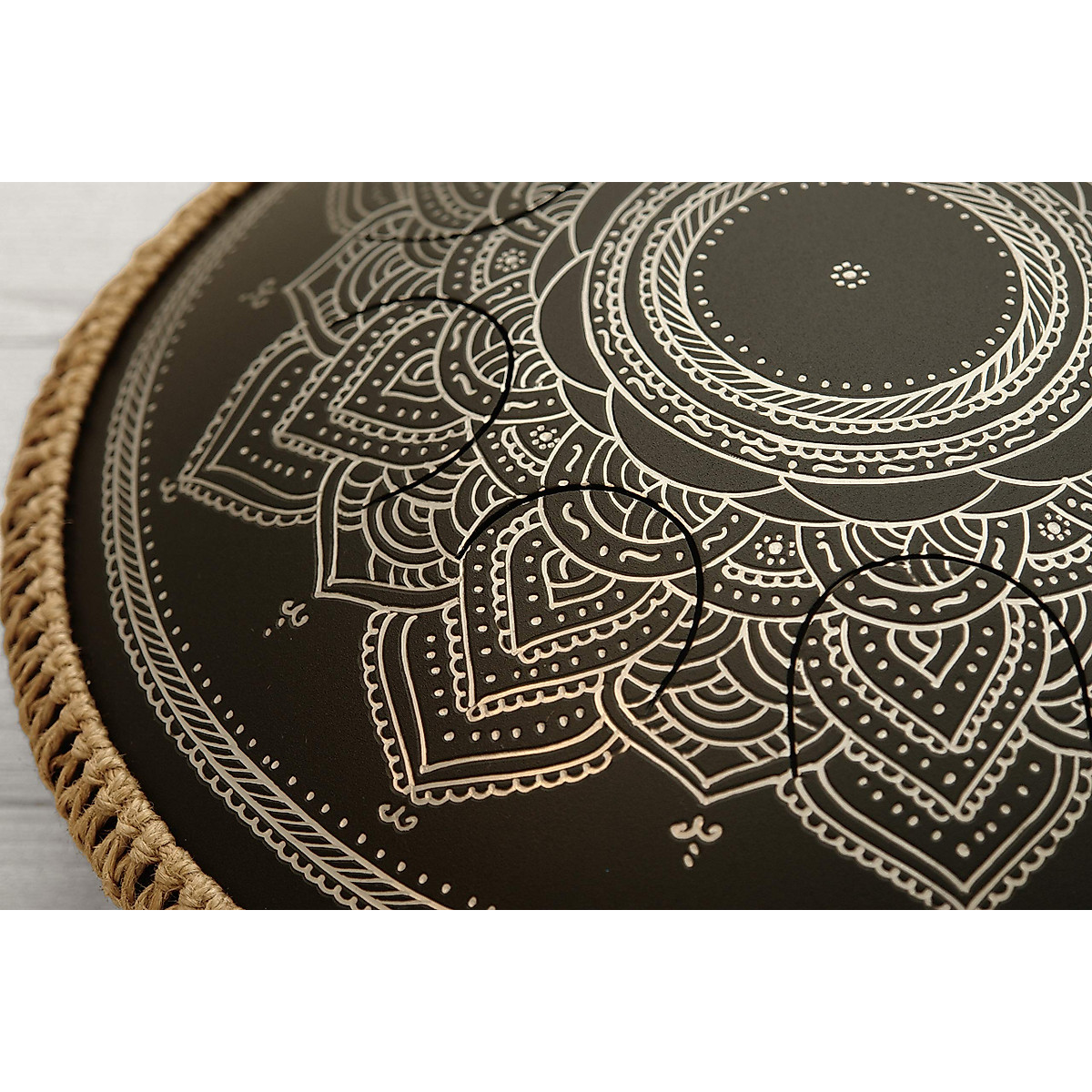 GUDA DRUM Freezbee Black with Ice Flower design, FREE Rope Decoration and Travel Bag