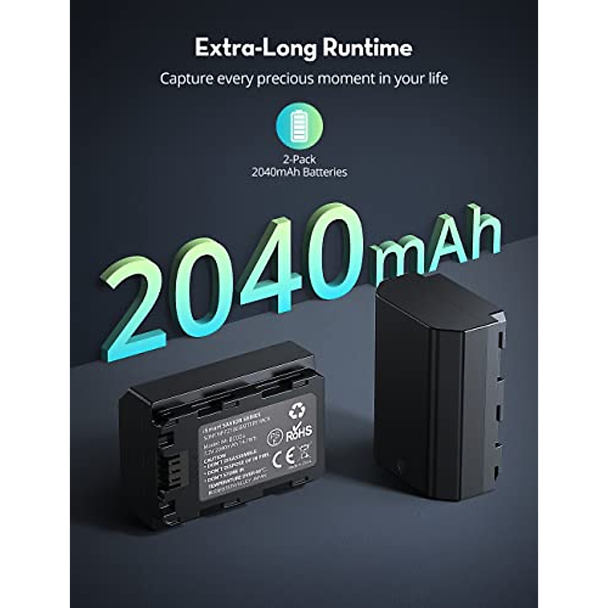 NP-FZ100 Camera Battery, Compatible for Sony A7iii, A7R V, Alpha A7C,A7R III, A7R IV, A9/A9S,A6600,A7R3 A7S III, A7R III,Alpha 9/9S, 2-Pack Replacement Battery Charger Set, Type C & Micro USB Ports
