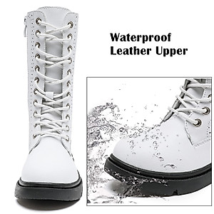 DADAWEN Boys Girls Leather Lace-Up Waterproof Side Zipper Mid Calf Combat Riding Winter Boots (Toddler/Little Kid/Big Kid) White US Size 2 M Little Kid