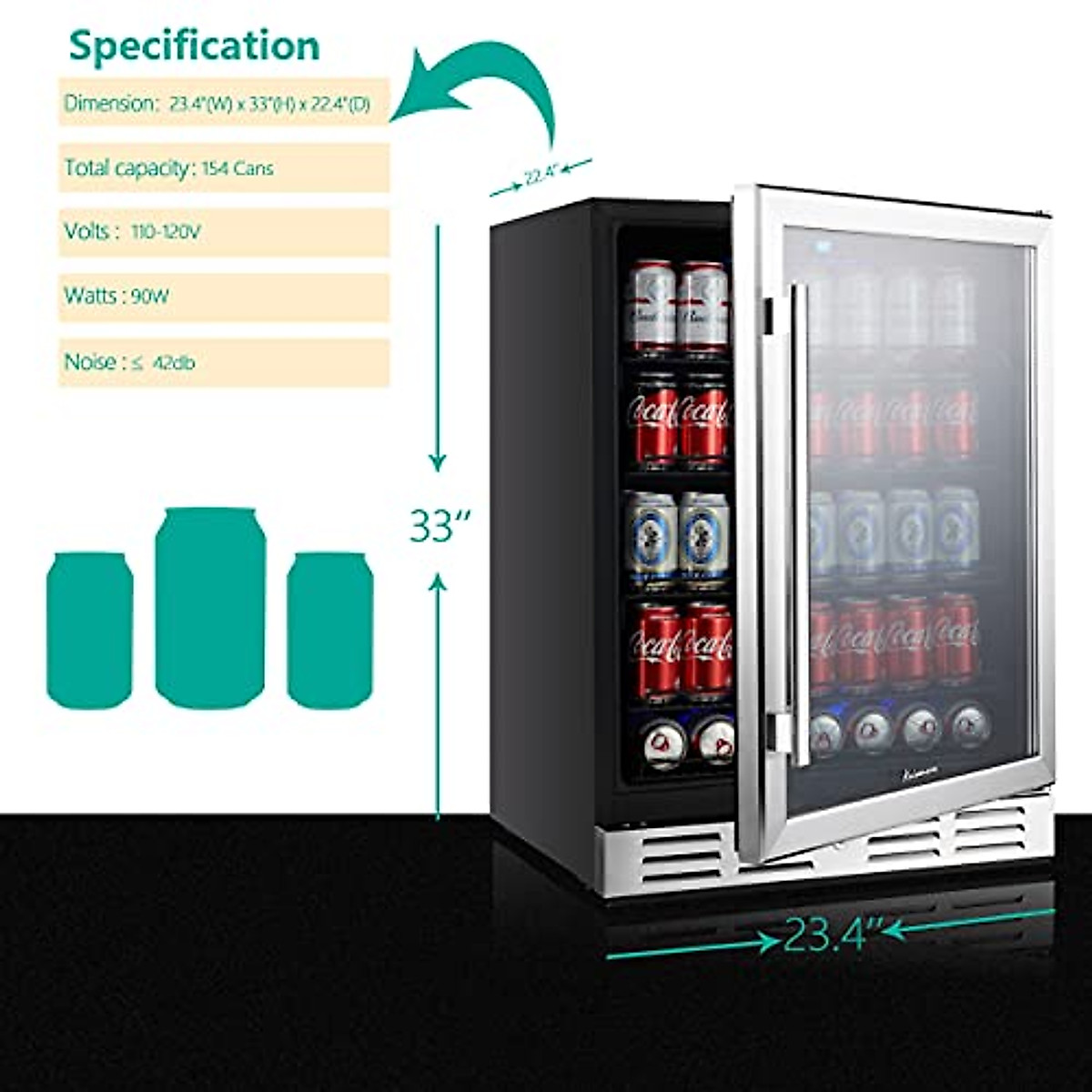 Kalamera 24 inch Beverage Refrigerator - 154 Cans Capacity Beverage Cooler- Fit Perfectly into 24" Space Built in Counter or Freestanding - for Soda, Water, Beer or Wine - For Kitchen, Bar or Office