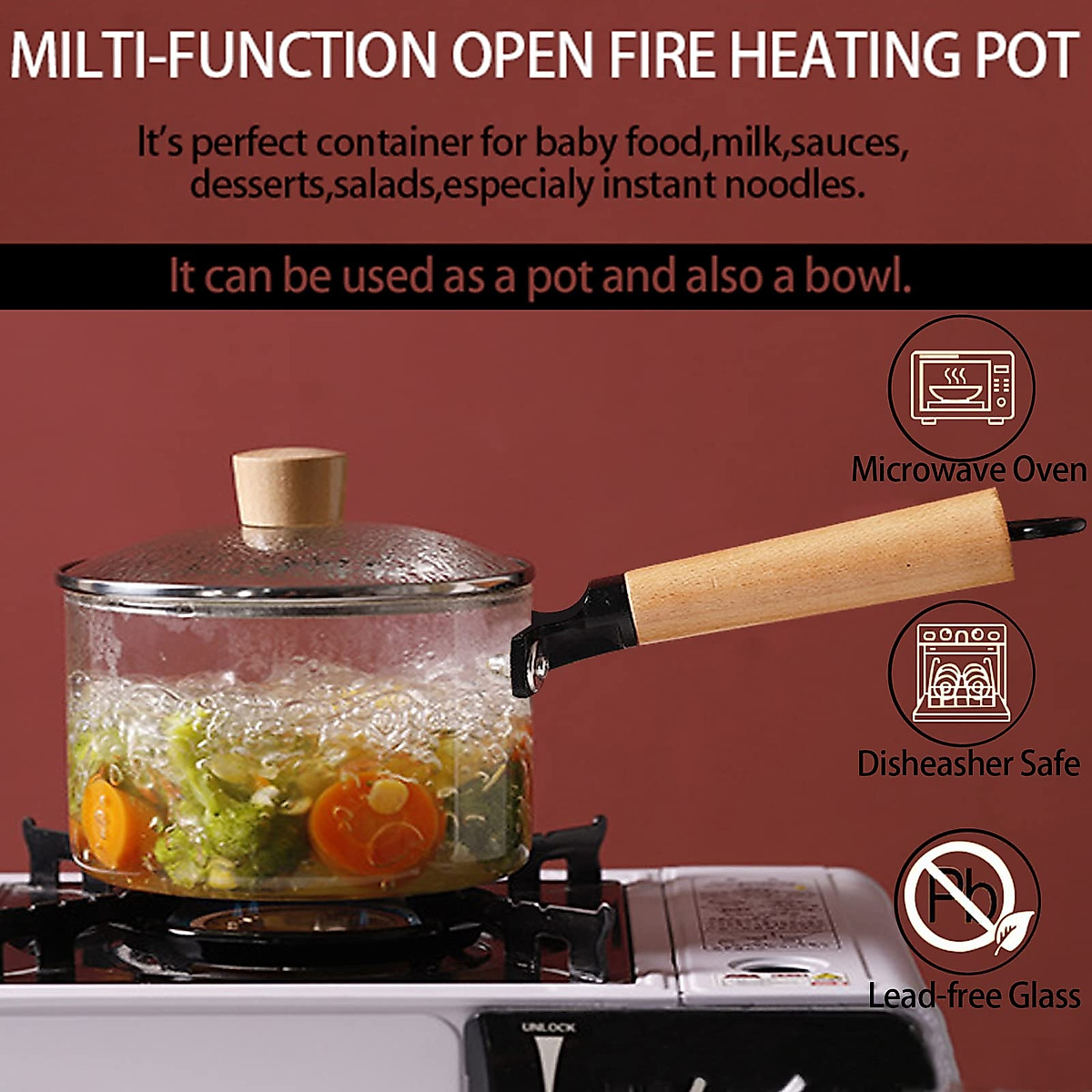 Inevoc Glass Pot for Stove Top,60Oz/1.8L Clear Glass Pot Set for Cooking,Saucepan with Cover,Heat-resistant Simmer Pot for Pasta,Soup,Milk,Cookware with Lid and Dual Handle