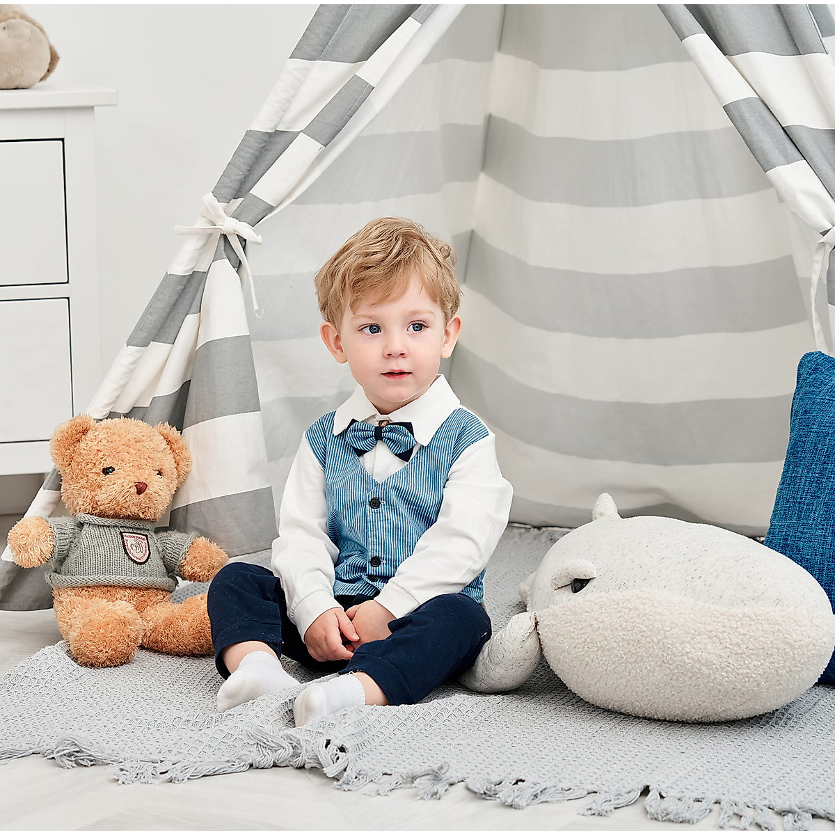 Feidoog Newborn Gentleman One Piece Long Sleeve Baby Boys Gentleman Formal Tuxedo Outfit Suit,Blue,0-3M