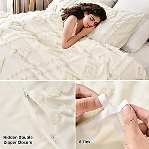 PHF Boho Duvet Cover Queen Size, Soft Tufted Duvet Cover Set for All Seasons, 3 Pieces Textured Shabby Chic Bedding Set with 2 Pillowcases, Snow White, 90" x 90"