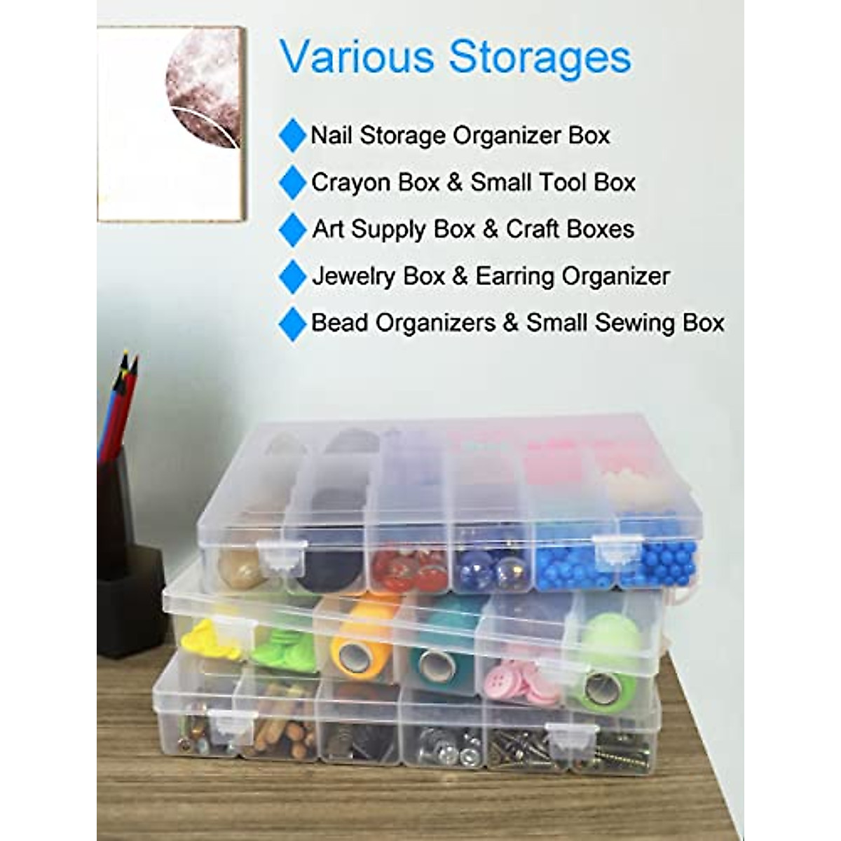 Hlotmeky Bead Organizer Box 3 Pack Plastic Craft Organizer 36 Grid Compartment Organizer Box with Dividers Clear Tackle Box