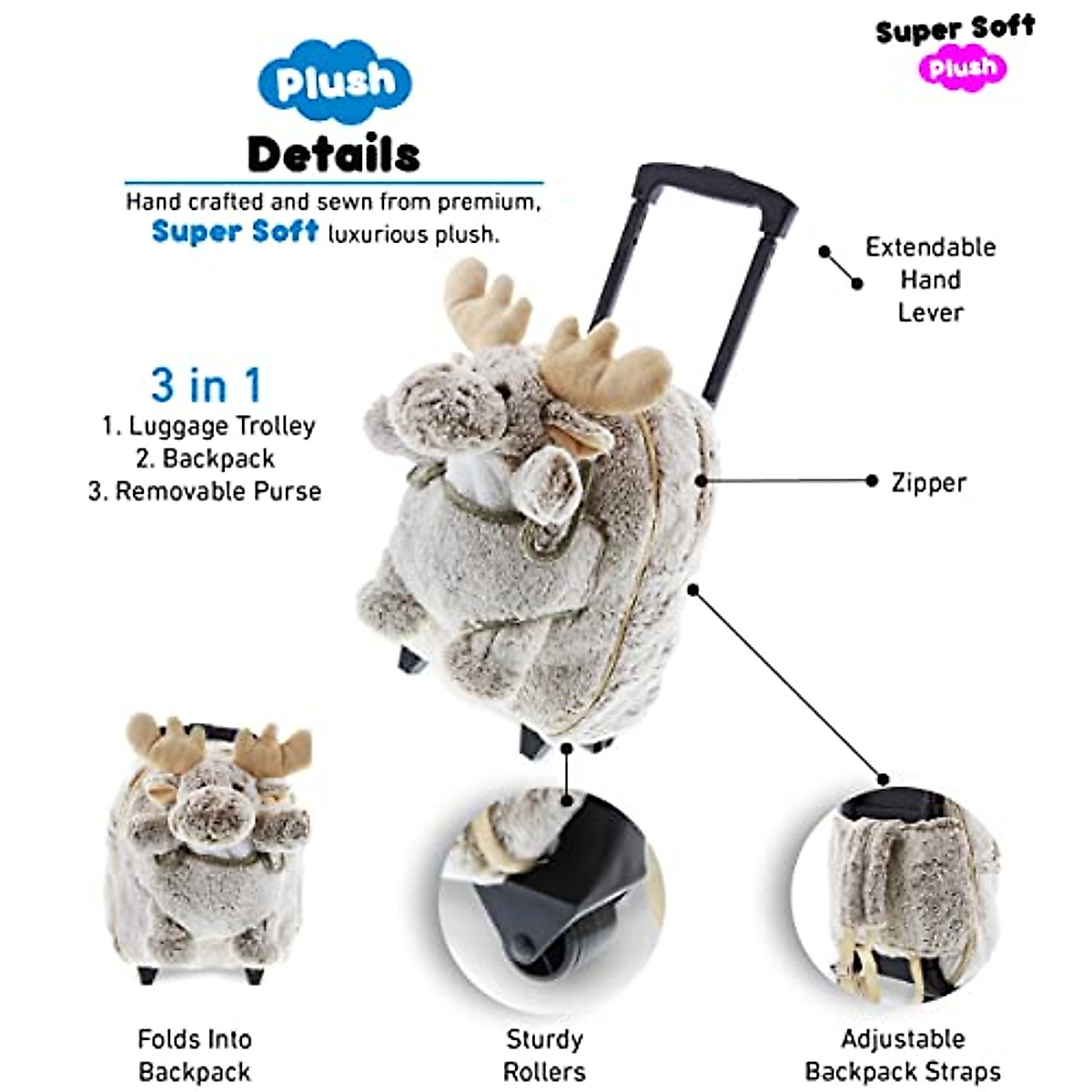 DolliBu Moose Plush Trolley & Purse Set - 3-in-1 Kids Trolley, Backpack, & Brown Moose Purse, Soft Plush Backpack on Wheels, Rolling Bag with Removable Plush Toy Purse - 15"