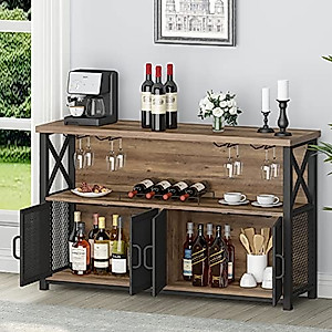 LVB Wine Bar Cabinet, Industrial Sideboard Buffet/Coffee Bar Cabinet for Liquor and Glasses, Farmhouse Metal Wood Rack Cabinet for Home Living Dining Room Kitchen, Rustic Oak, 47 Inch