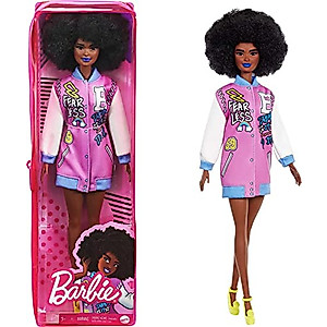 Barbie Fashionistas Doll #156 with Brunette Afro & Blue Lips Wearing Graphic Coat Dress & Yellow Shoes, Toy for Kids 3 to 8 Years Old