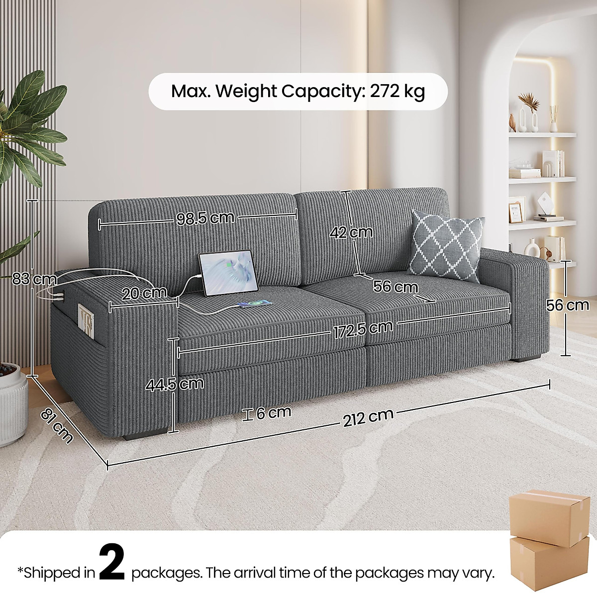Yaheetech 83.5" W Modern Sofa Couch Corduroy Fabric Sofa with USB Charging Ports & Side Storage Pockets for Living Room Apartment, Dark Gray