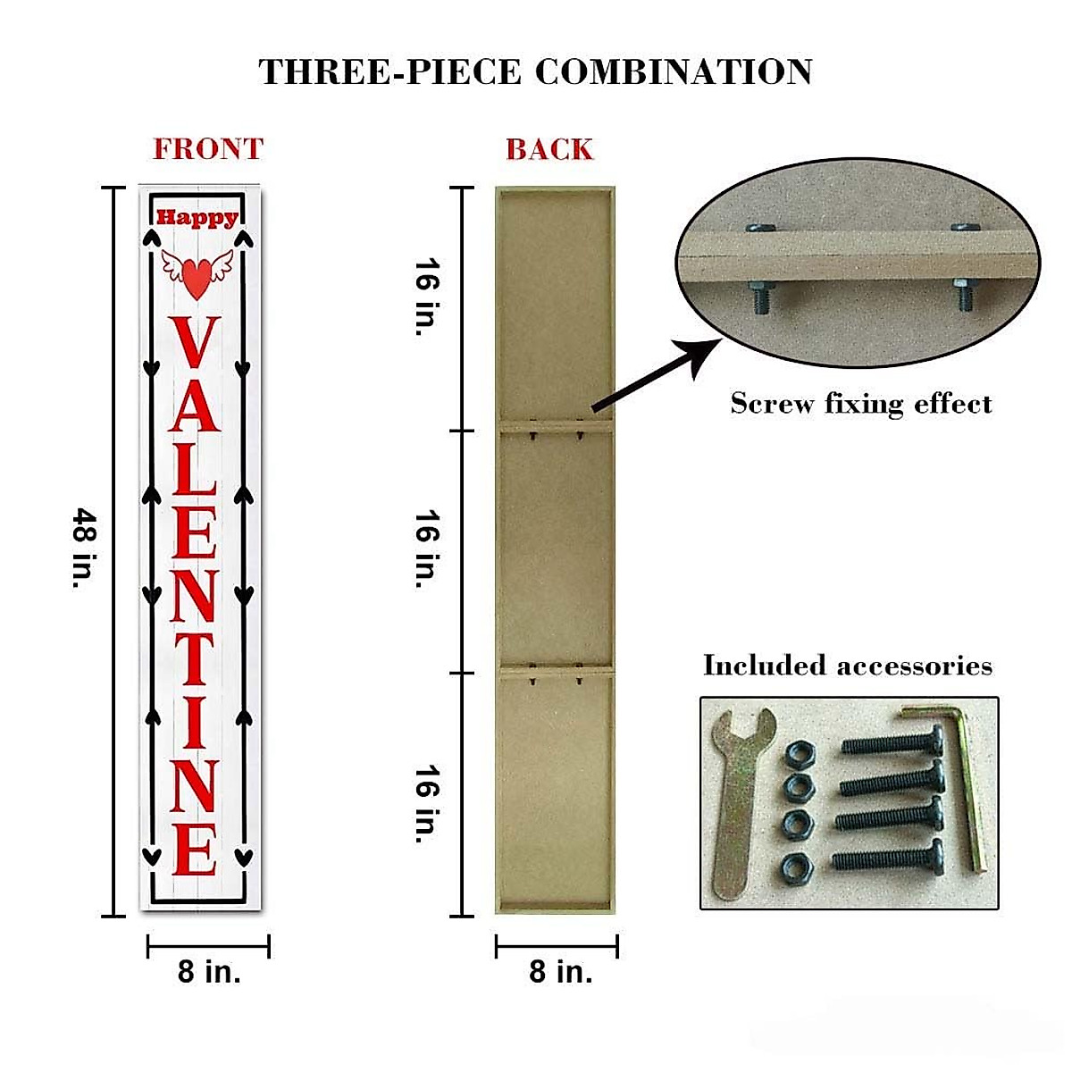 KPSheng Happy Valentine Day Sign for Front Door, 8x64 Inch Vertical Valentine's Day Wooden Welcome Sign for Front Porch, Modern Farmhouse Front Porch Decor