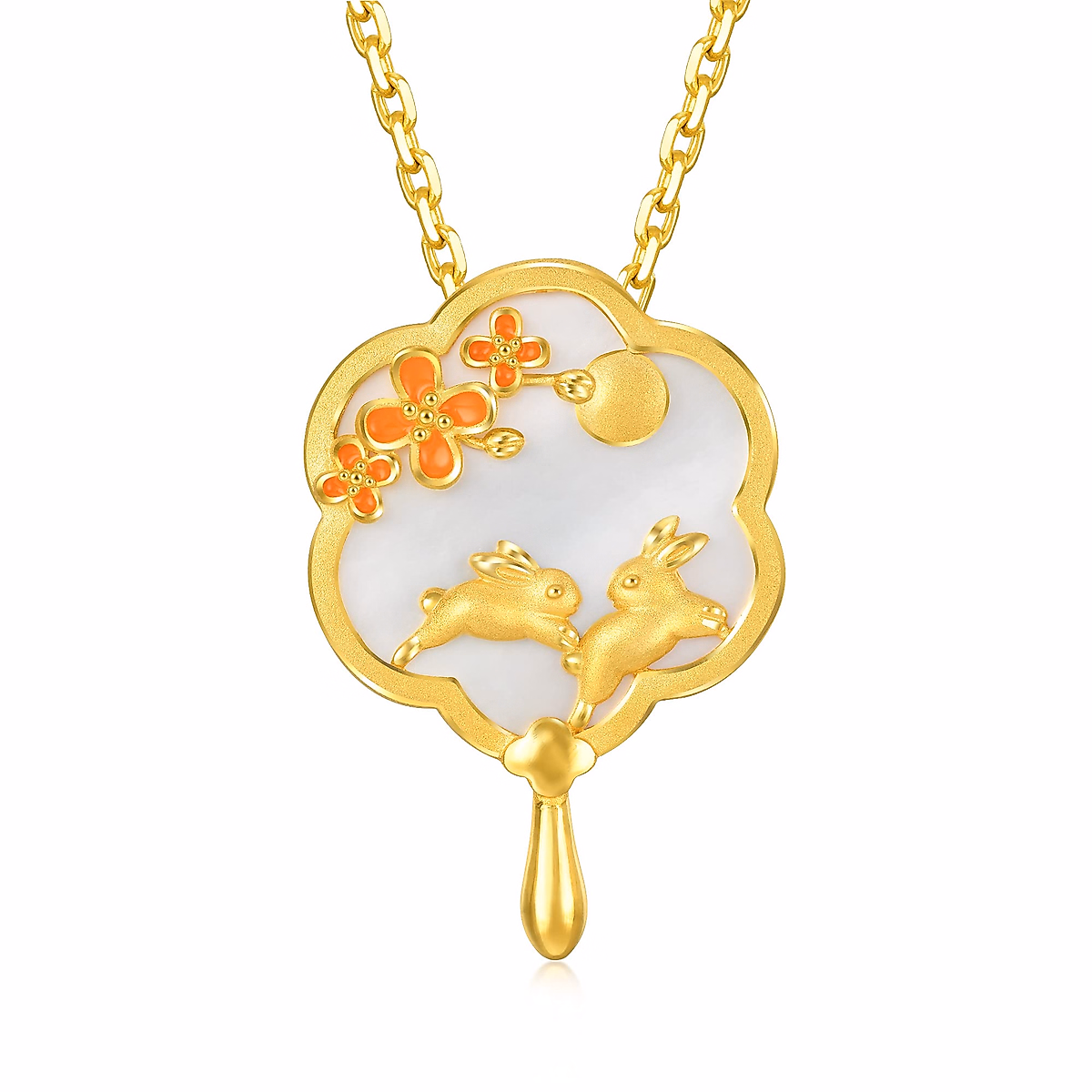 CHOW SANG SANG Cultural Blessings Daily Bliss 999.9 24K Solid Gold Mother of Pearl Jade Rabbit Pendant 92655P [Not Include the-Necklace]