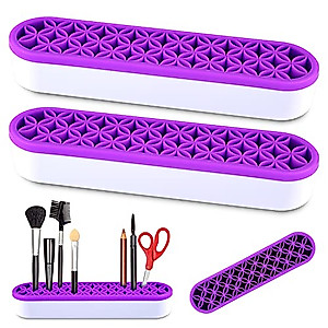 QUACOWW 2Pcs Purple Silicone Makeup Brush Holder Organizer Multifunctional Desktop Organizers Make Up Brush Storage Stand for Art Supplies Painting Pen Brushes Eyeliner Pencil and Craft Tools