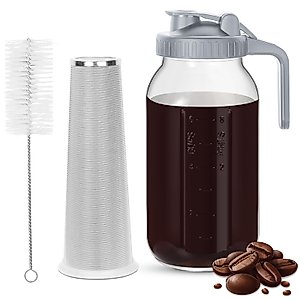 Enrimyee Cold Brew Coffee Maker, Mason Jar Pitcher, Heavy Duty Soda Lime Glass w/Stainless Steel Mesh Filter & Flip Cap Lid for Iced Coffee, Ice Lemonade, Fruit Drinks, Sun Tea - 64 oz