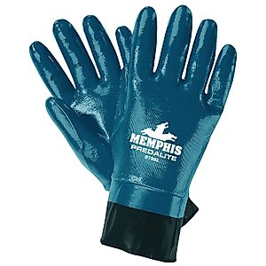 MCR Safety 9786L Predalite Nitrile Rubber Fully Coated Gloves with PVC Safety Cuffs, Smooth, Blue/White, Large, 1-Pair