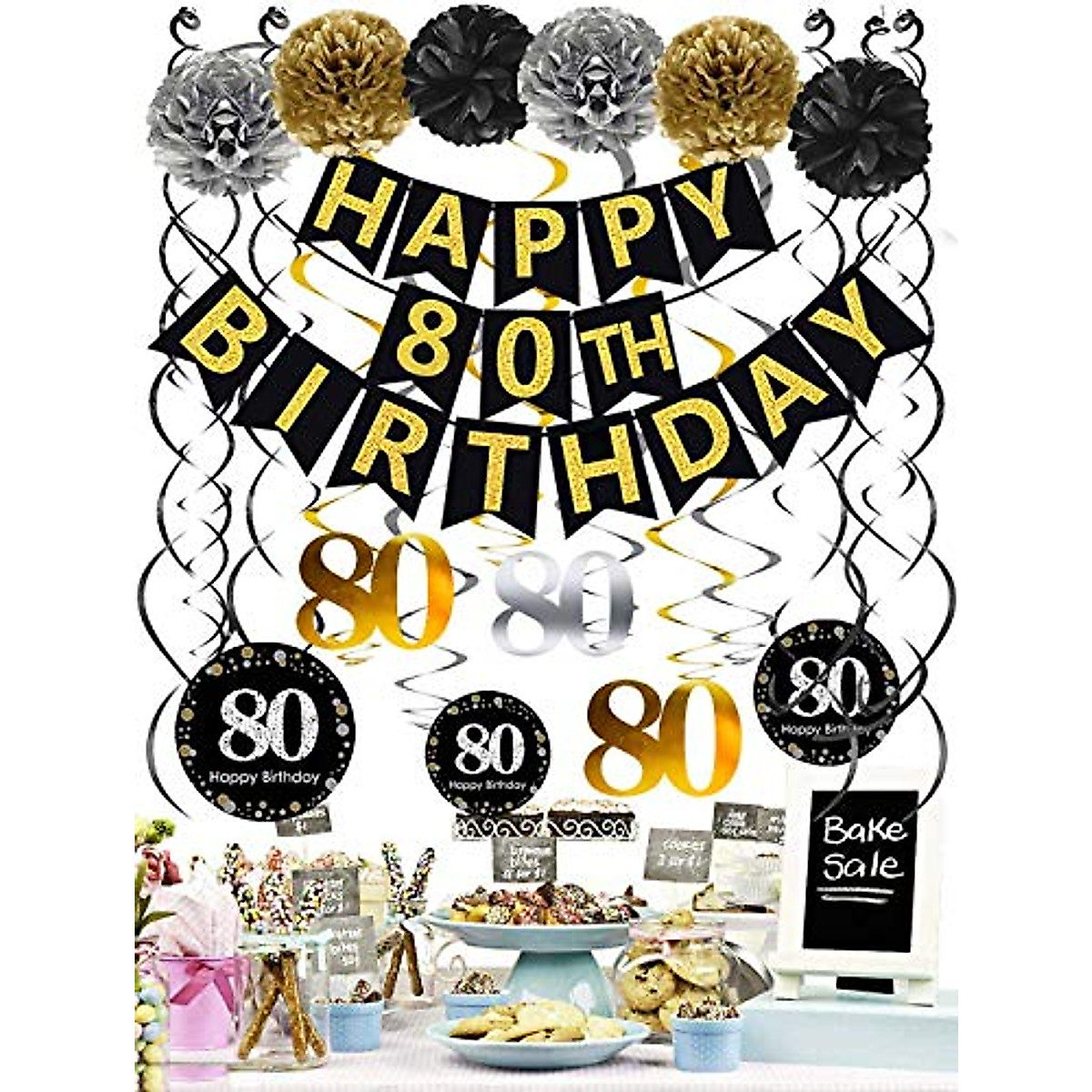 Famoby Black & Gold Glittery Happy 80th Birthday Banner,Poms,Sparkling 80 Hanging Swirls Kit for 80th Birthday Party 80th Anniversary Decorations Supplies