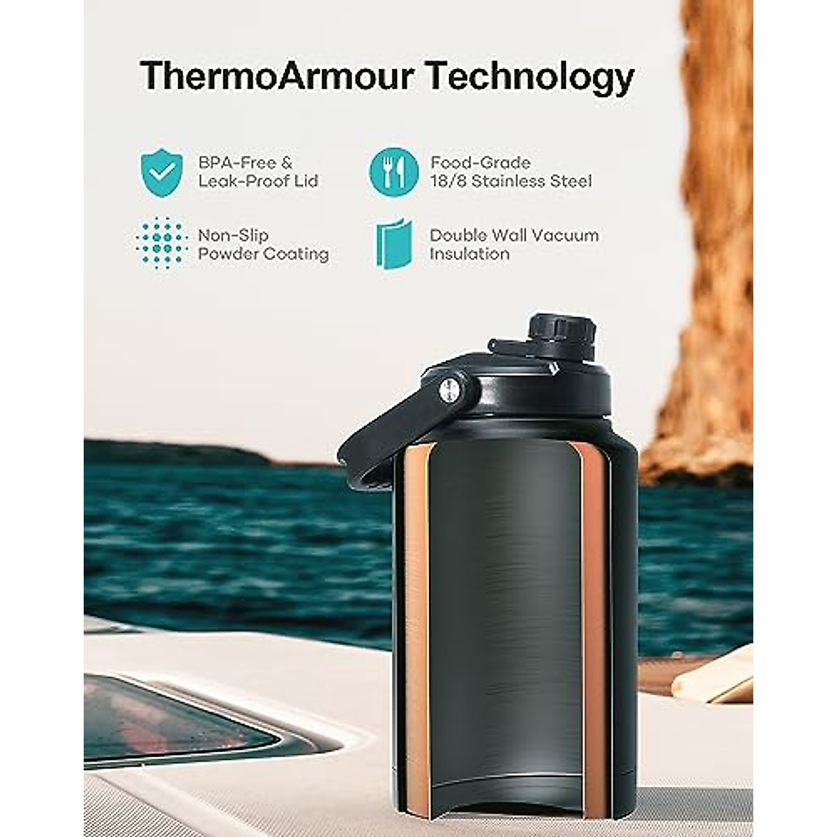 BUZIO One Gallon Water Bottle Insulated, 128oz Stainless Steel Water Bottle, 18/8 Food-Grade Beer Growler with Carrying Pouch and Two Stainless Steel Cups, Hot Cold Thermo Canteen Mug, Black