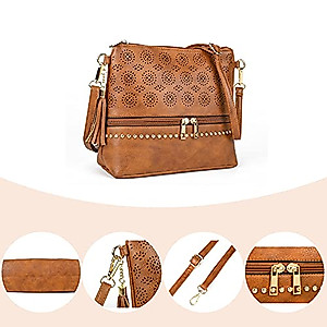 Boho Crossbody Bags for women Leather Purses and Handbags Small Cross Body bags Retro Hollow Out Bags Ladies Handbags Brown