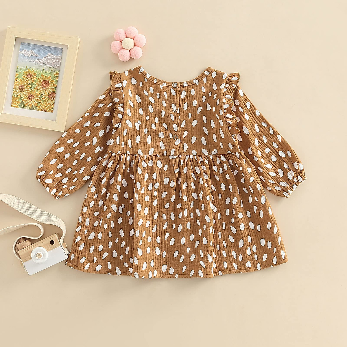 Hoanselay Toddler Infant Baby Girl Sister Matching Clothes Polka Dot Long Sleeve Romper Dress Cute Fall Winter Outfit Set (Brown, 5-6 Years)