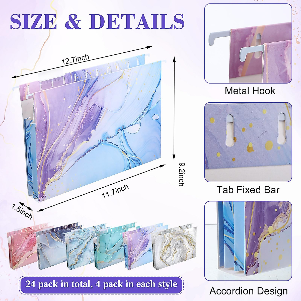 Qeeenar 24 Pcs Marble Desgin Decorative Hanging File Folder with 1/5 Cut Adjustable Tabs, Letter Size Gold Design File Folder Cabinet Inserts Organizer for Office School and Home