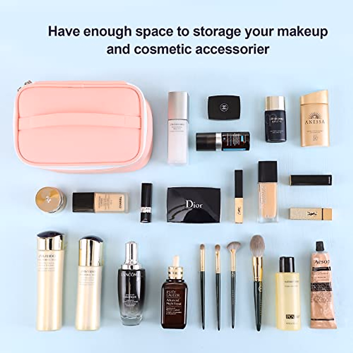 Makeup Bag Portable Travel Cosmetic Bag for Women, Beauty Zipper Makeup Organizer PU Leather Washable Waterproof (Pink)