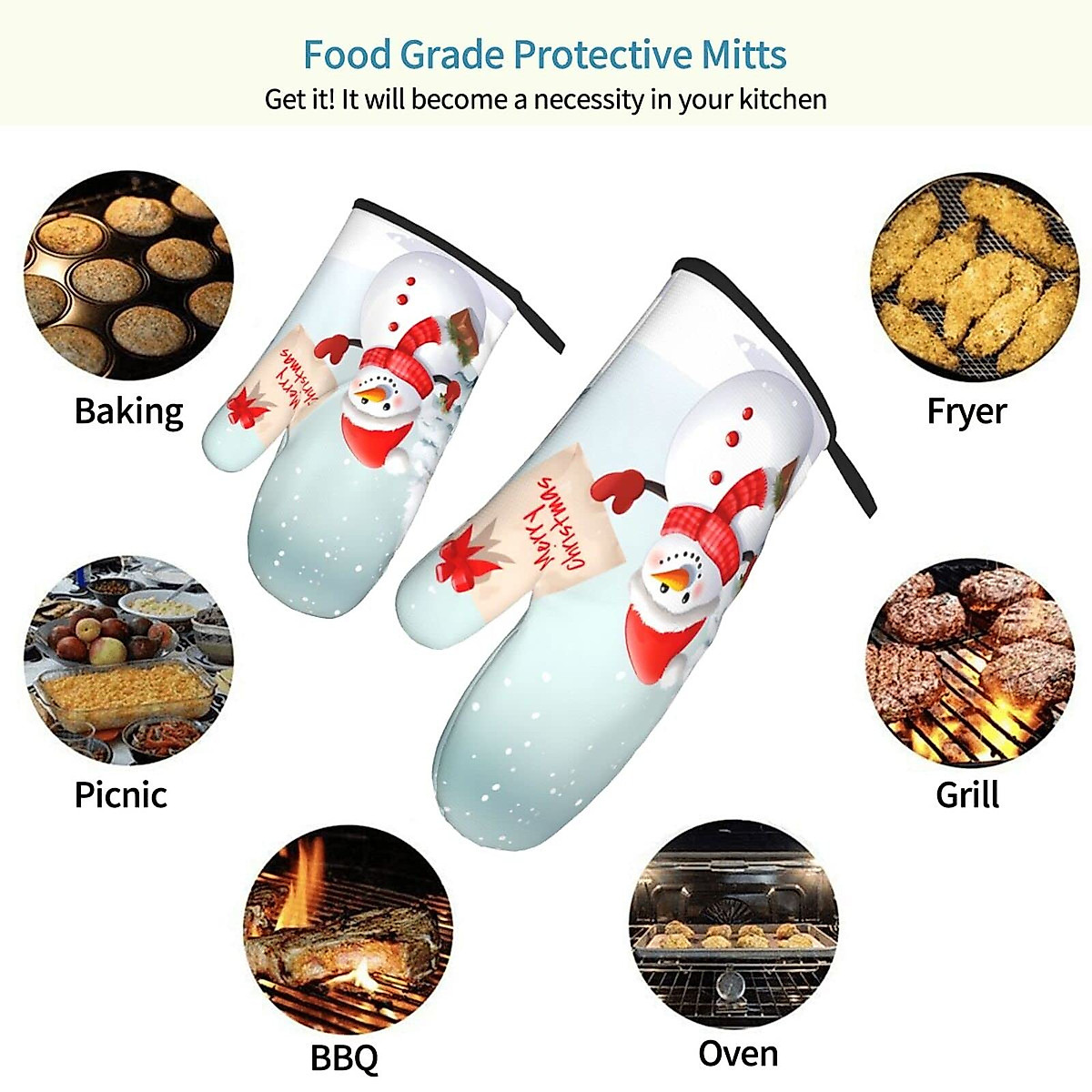 2 Piece Set Oven Mitts, Winter Snowman Cartoon Style Merry Christmas Baking Glove for Cooking BBQ