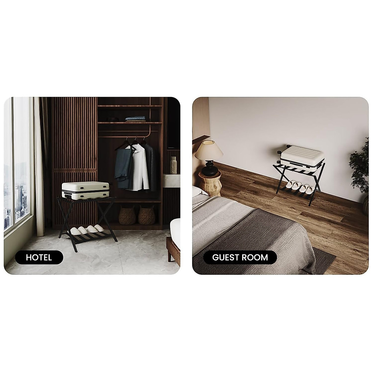 H-A Folding Luggage Rack Suitcase Stand with Storage Shelf for Guest Room Bedroom Hotel, Black (1 Pack)