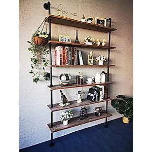 Anynice 6 Tier Industrial Ladder Pipe Shelf, Wall Mounted Wood Metal Bookshelf for Living Room Storage (Weathered Brown, 10" D x 48" W x 82.5" H)
