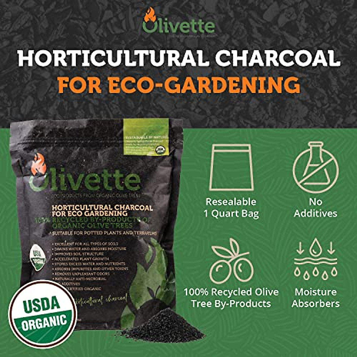 Horticultural Activated Charcoal for Plants by Olivette | Terrarium Horticulture Moisture Absorbers Supplies USDA Organic Certified Made from Recycled Olive Tree Byproducts 1 Qt Bag