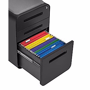 Laura Davidson Furniture STOCKPILE Curve Seated 3-Drawer Mobile File Cabinet with Removable Magnetic Cushion Seat, Commercial-Grade, Pre-Assembled (Black with Dark Grey Cushion)