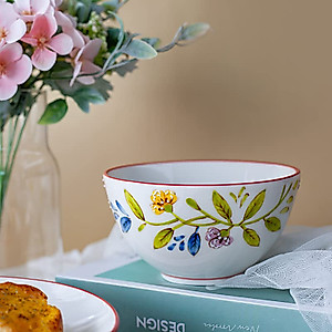 AwakingWaves Funny Hand Painted Flower Ceramic Pasta Bowls for Fruit, Salad, and Soup, Cute Candy Snack Porcelain Round Serving Striped Bowl for Kitchen, Vibrant Color Restaurant Party Decor (red)