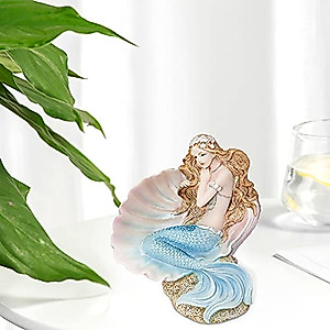 Blue Mermaid Figurines Resin Mermaid with Shell Sculpture Mediterranean Princess Ornaments Home Office Desktop Bookshelf Mermaid Collectible Figurines Crafts Fish Tank Aquarium Decoration