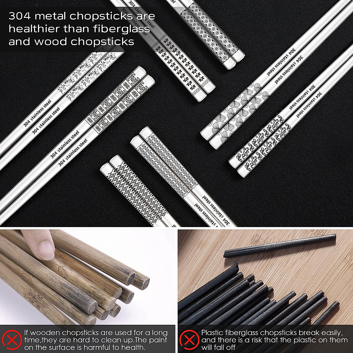 8 Pairs Metal Chopsticks and 8 Chopstick Holders Reusable 18/8 Stainless Steel Chopsticks Chopstick Rest Set Non-slip Japanese Korean Chinese Chopstick for Cooking Eating Dishwasher Safe 9.25"