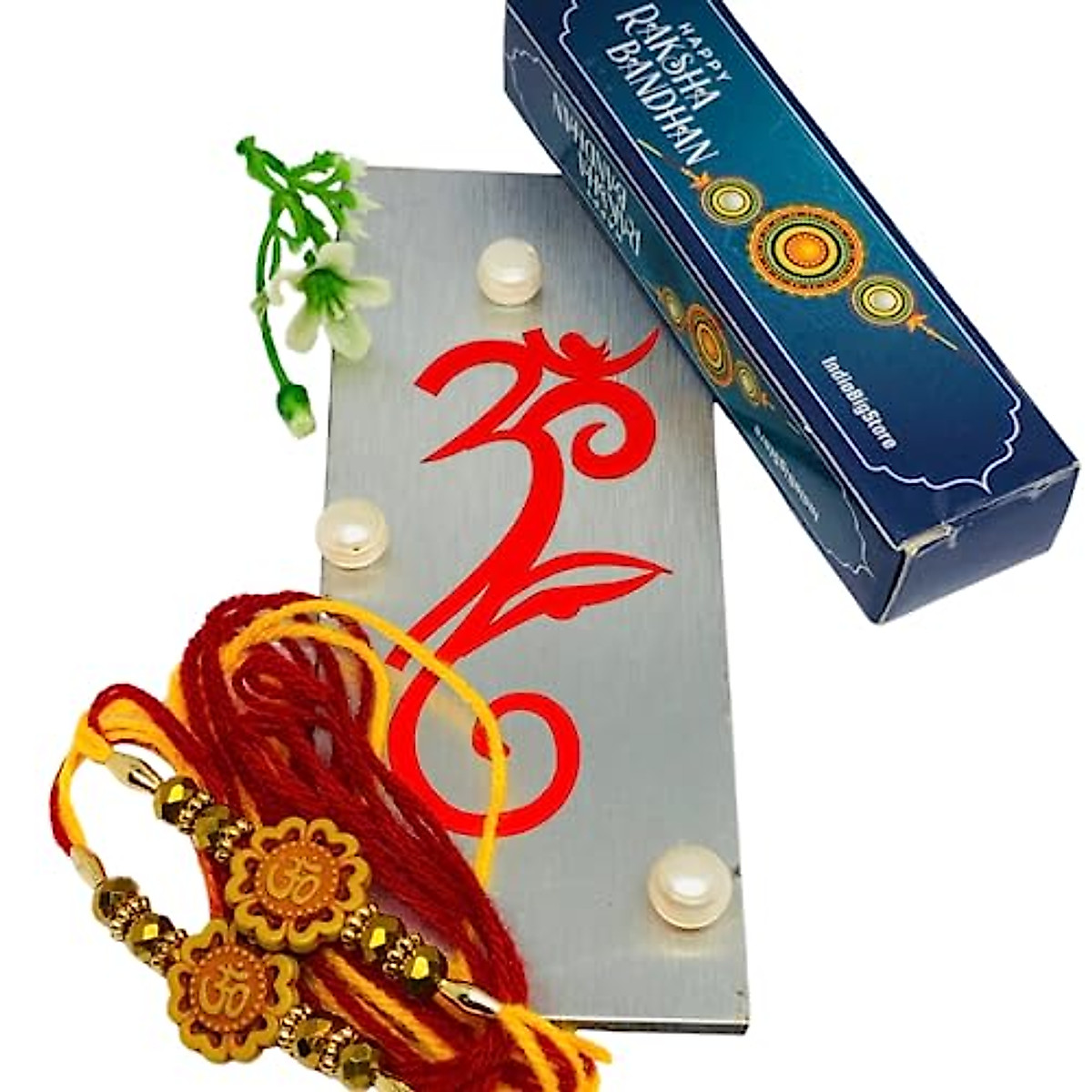 TheNext7 Set of 2 OM Rakhi for Brother Bhaiya Bhabhi Traditional, Flower Om Pendant with Golden Beads and Rings Rakhi Thread