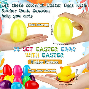 28 Sets Easter Eggs Filled with Rubber Duck, Plastic Egg Prefilled with Assorted Rubber Duck Multicolor Bunny Small Duck for Bathtub Toys, Easter Basket Stuffers and Party Favors, Class Prizes, 56 Pcs
