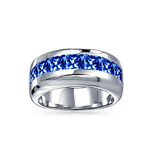 Unisex Simulated Blue Sapphire Channel Set Cubic Zirconia AAA CZ Brilliant Princess Cut Wedding Band For Men Women .925 Sterling Silver 9MM Band Ring
