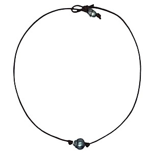 Tahitian Black Pearl on Brown Leather Chain