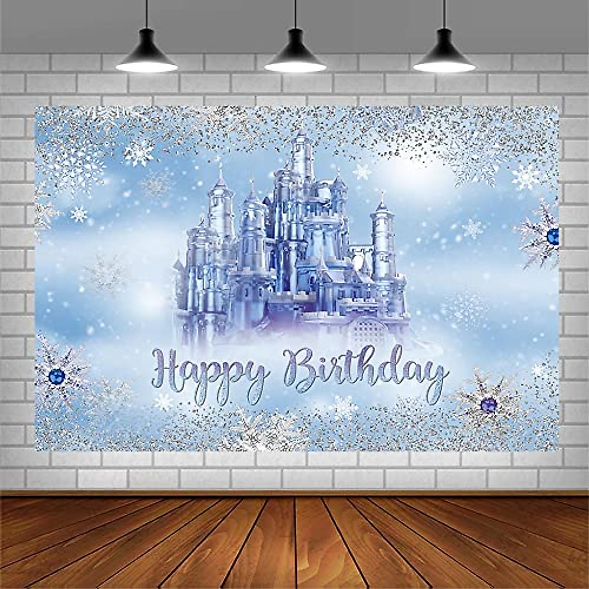 AIBIIN 7x5ft Winter Happy Birthday Backdrop for Baby Blue Winter Onederland Castle Glitter Snowflake Wonderland Photography Background Princess Prince Bday Party Decoration Banner Photo Booth Studio