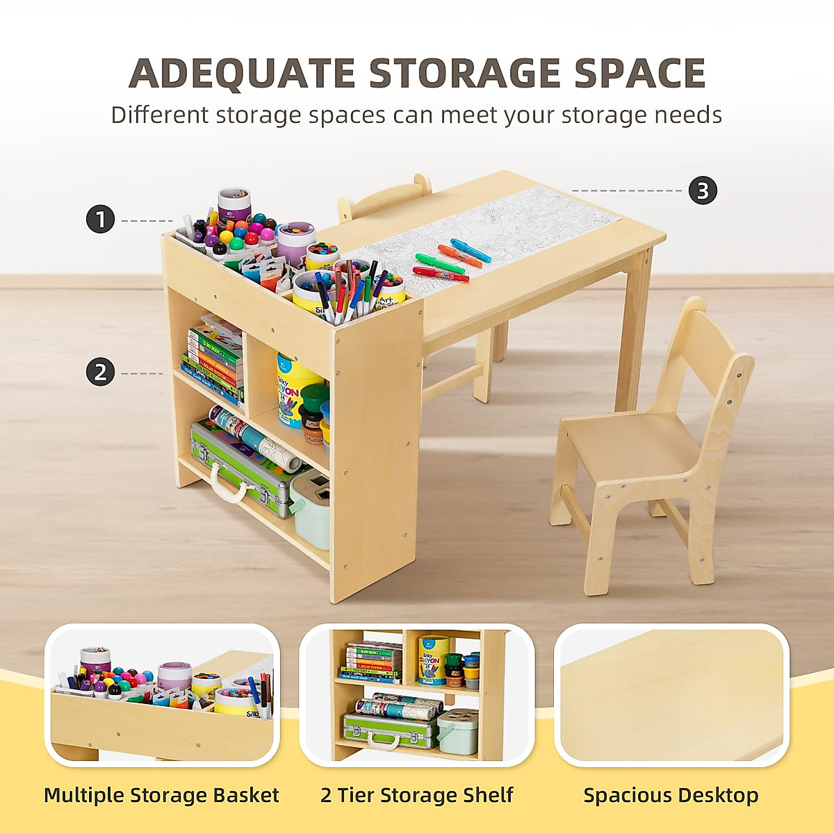 OOOK Kids Art Table and 2 Chairs, Toddler Activity Table with Large Storage Shelves, Wood Activity Desk for Writing Drawing Suitable for Playrooms & Classroom