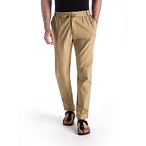MUSE FATH Men’s Linen Elastic Waist Pants-Lightweight Summer Trousers-Khaki-S