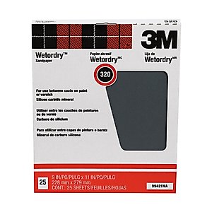 3M Wetodry Sandpaper, 25 Sheets, 320 Grit Sanding Paper, 9-in x 11-in, For Final or Between Coats Sanding, Sandpaper For a Premiere Finish on Lacquers, Primers, Sealers, Plastics and Paints (99421NA)