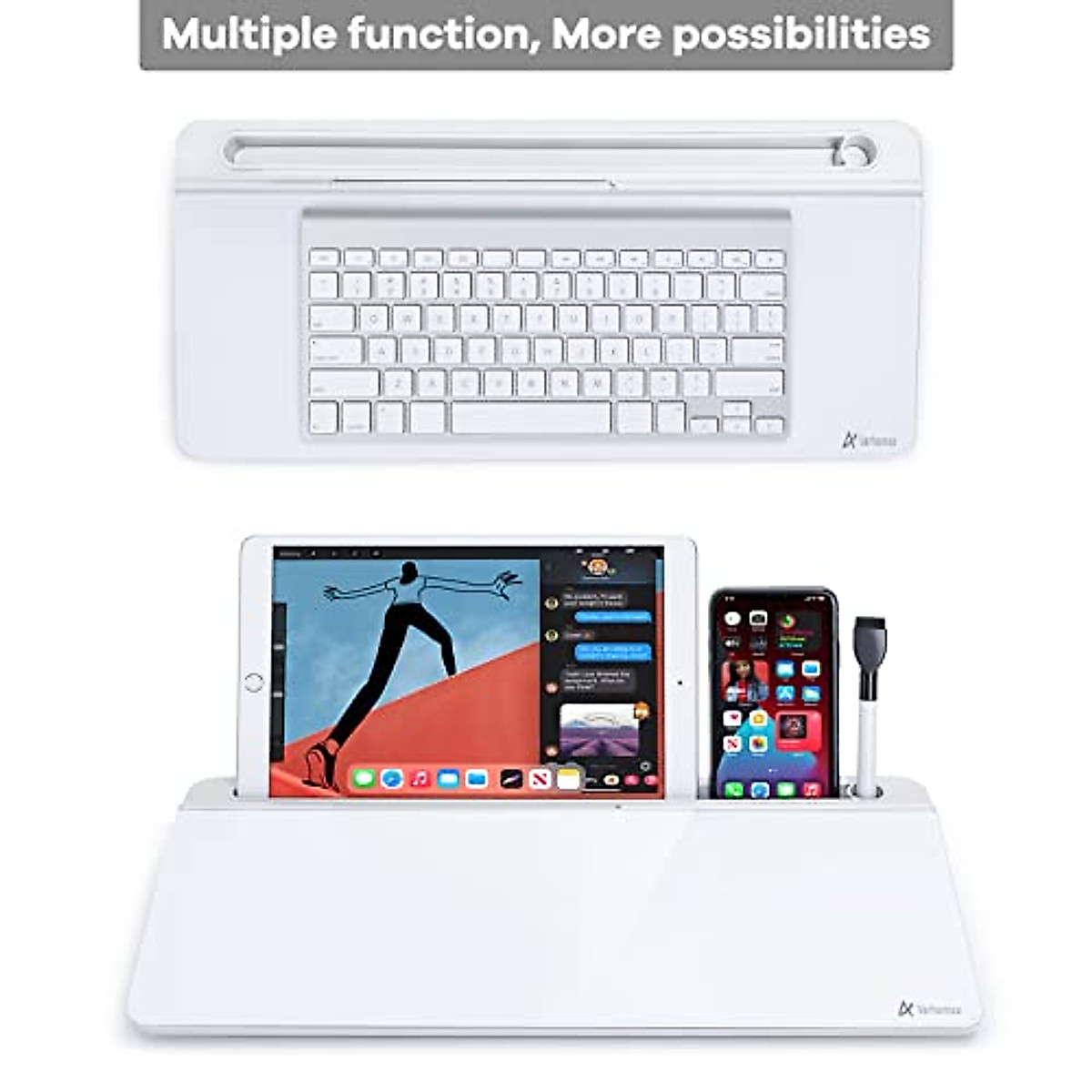 Desk Whiteboard Dry Erase Glass Whiteboard, Varhomax Desktop White Board to-do List Memo Notepad for Home Office and School Accessories Supplies with Storage Caddy for Computer Keyboard Stand (White)