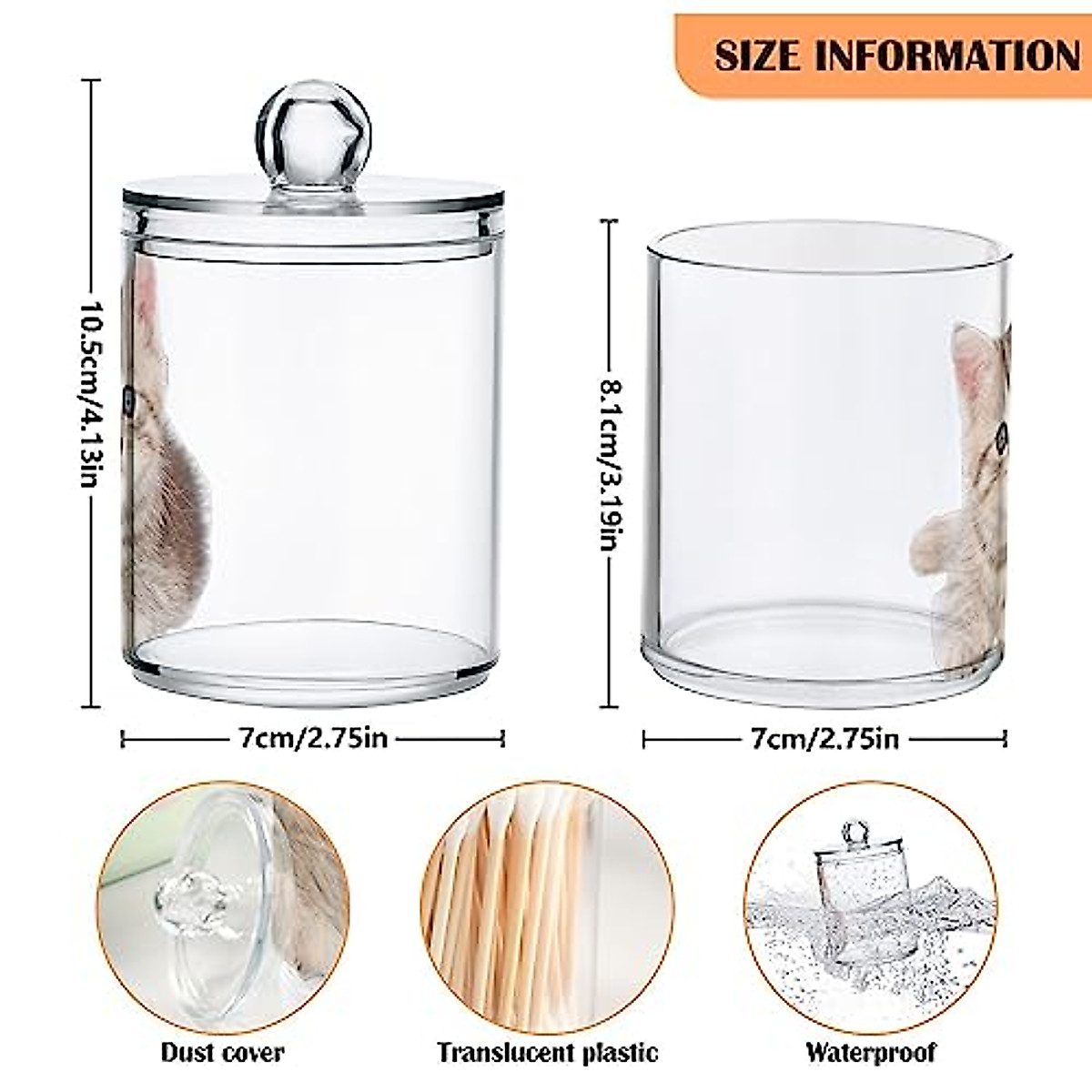 Sletend 2 Pack Plastic Qtips Holder Cat Animal Cute Bathroom Organizer Canisters for Cotton Balls/Swabs/Pads/Floss,Plastic Apothecary Jars for Vanity