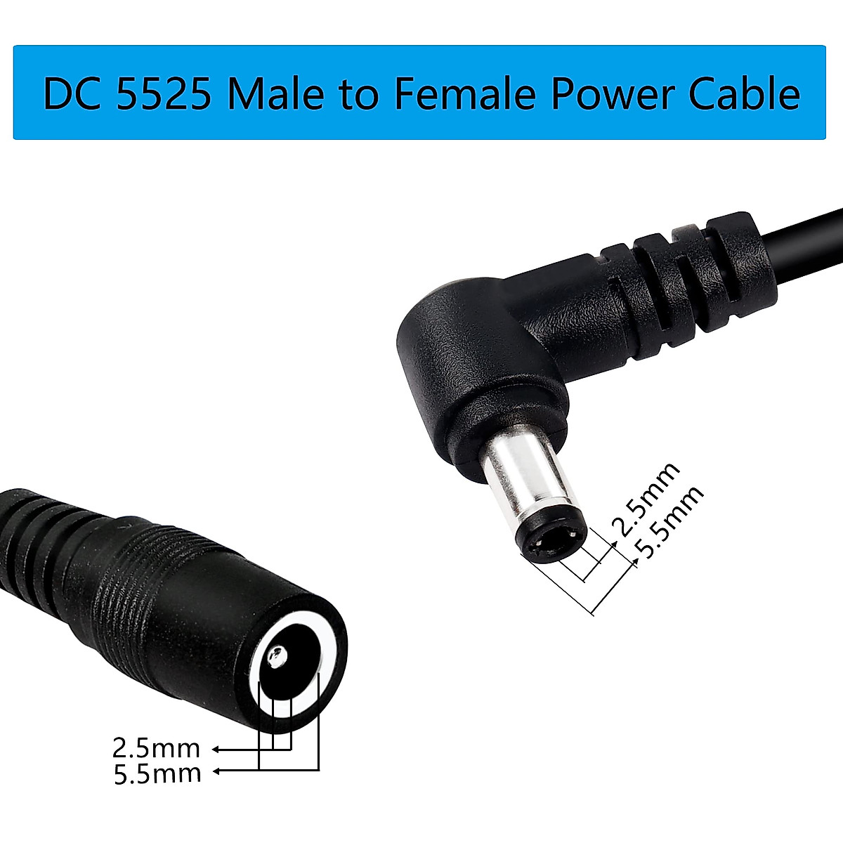 GINTOOYUN 2 Pack DC5525 Power Extension Cable, DC 5.5mm x 2.5mm Right Angle Male to Female Power Adapter Cable，3FT 18AWG Heavy Duty Cord for Strip Lihgt,CCTV,Car,Monitors,etc. 1M