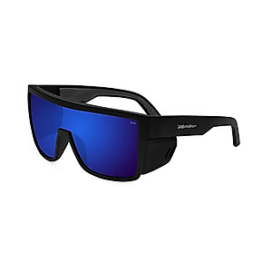 BOMBER Saftey Glasses for Men and Women, Blue Mirror Safety Lens, with Matte Black Square Frame and Non Slip Foam lining, Removable Side Shields included, z87 Compliant - BZ103BM