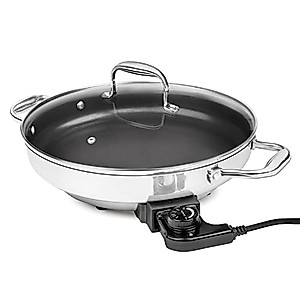 Electric Skillet By Cucina Pro - 18/10 Stainless Steel, Frying Pan with Non Stick Interior, with Glass Lid, 12" Round, Temperature Control Probe for Adjustable Heat Settings
