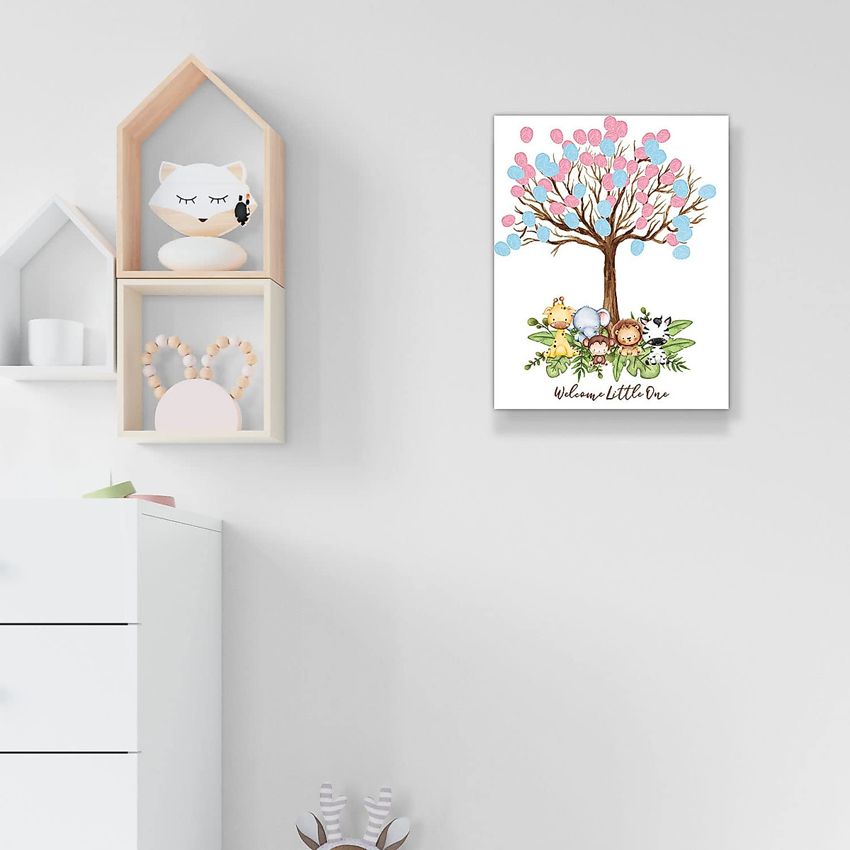 LNOKRIM Baby Shower Guest Book Fingerprint Tree Canvas, Jungle Safari Theme Gender Reveal Supplies, Personalized Alternative Guest Book,Fingerprint Guest Book